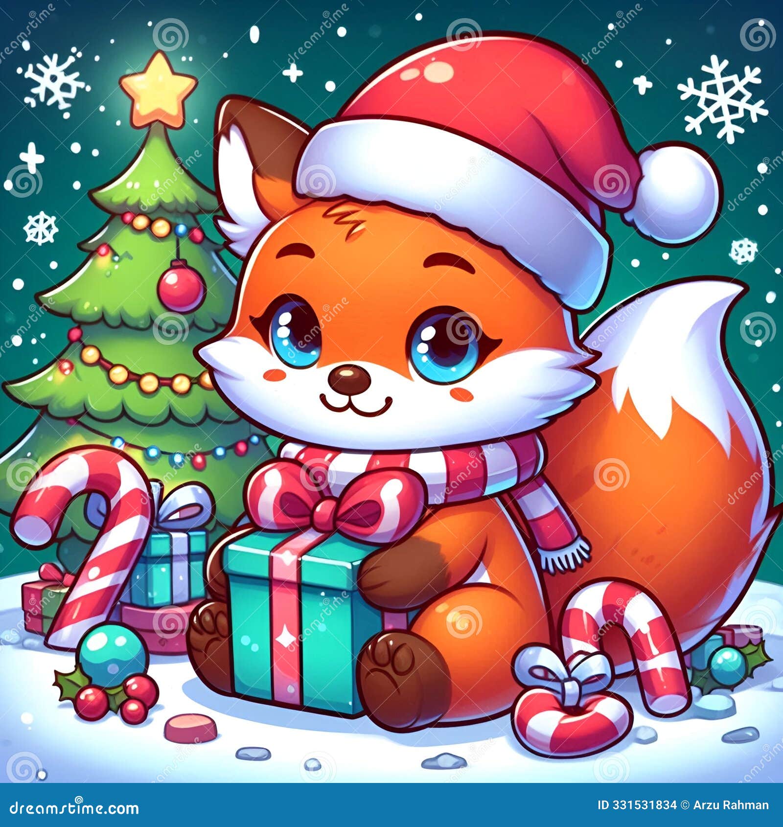A Cartoon Fox with a Christmas Gift Stock Illustration - Illustration ...