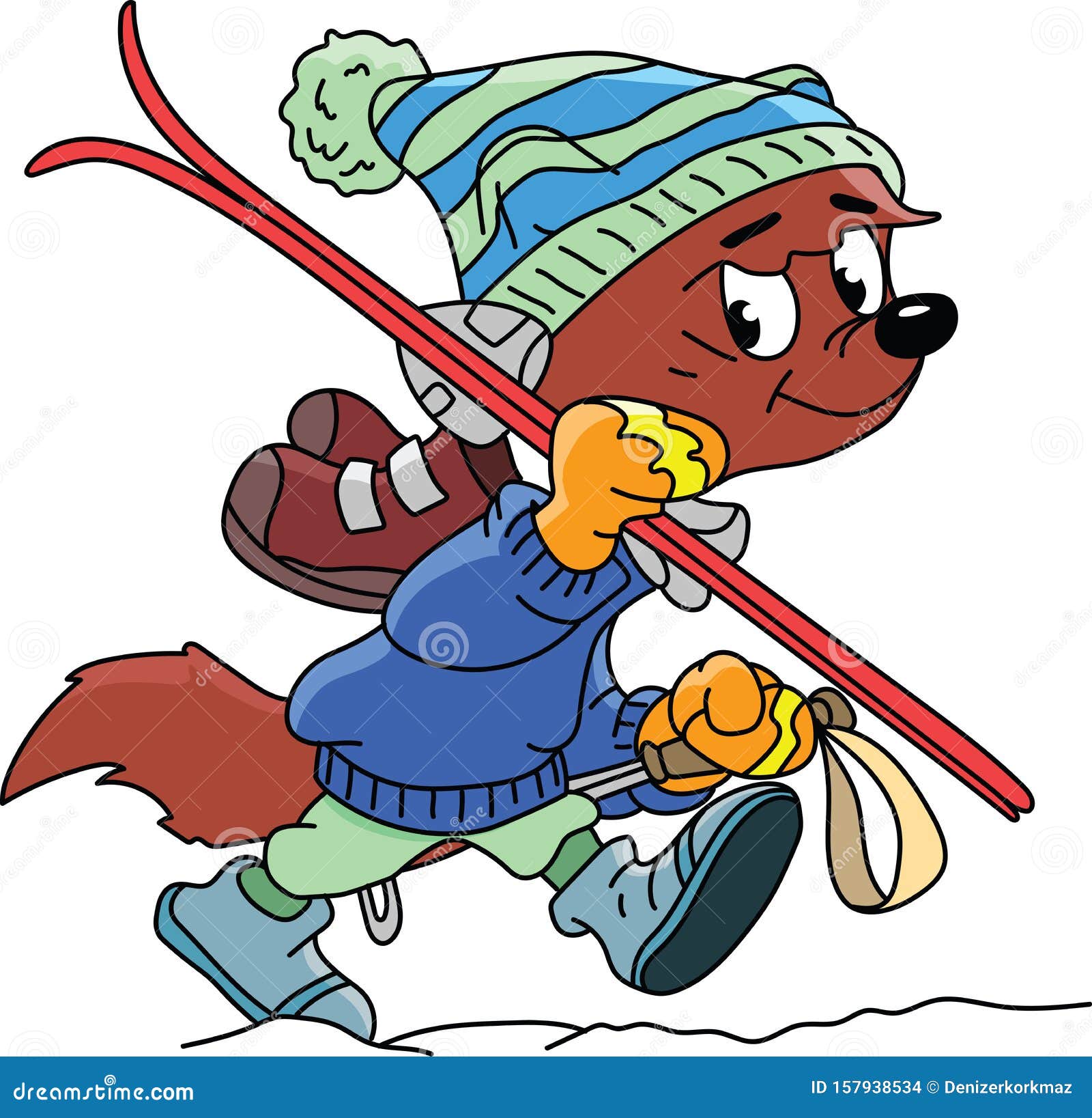 Cartoon Fox Goes Skiing for Winter Holiday Vector Stock Vector ...