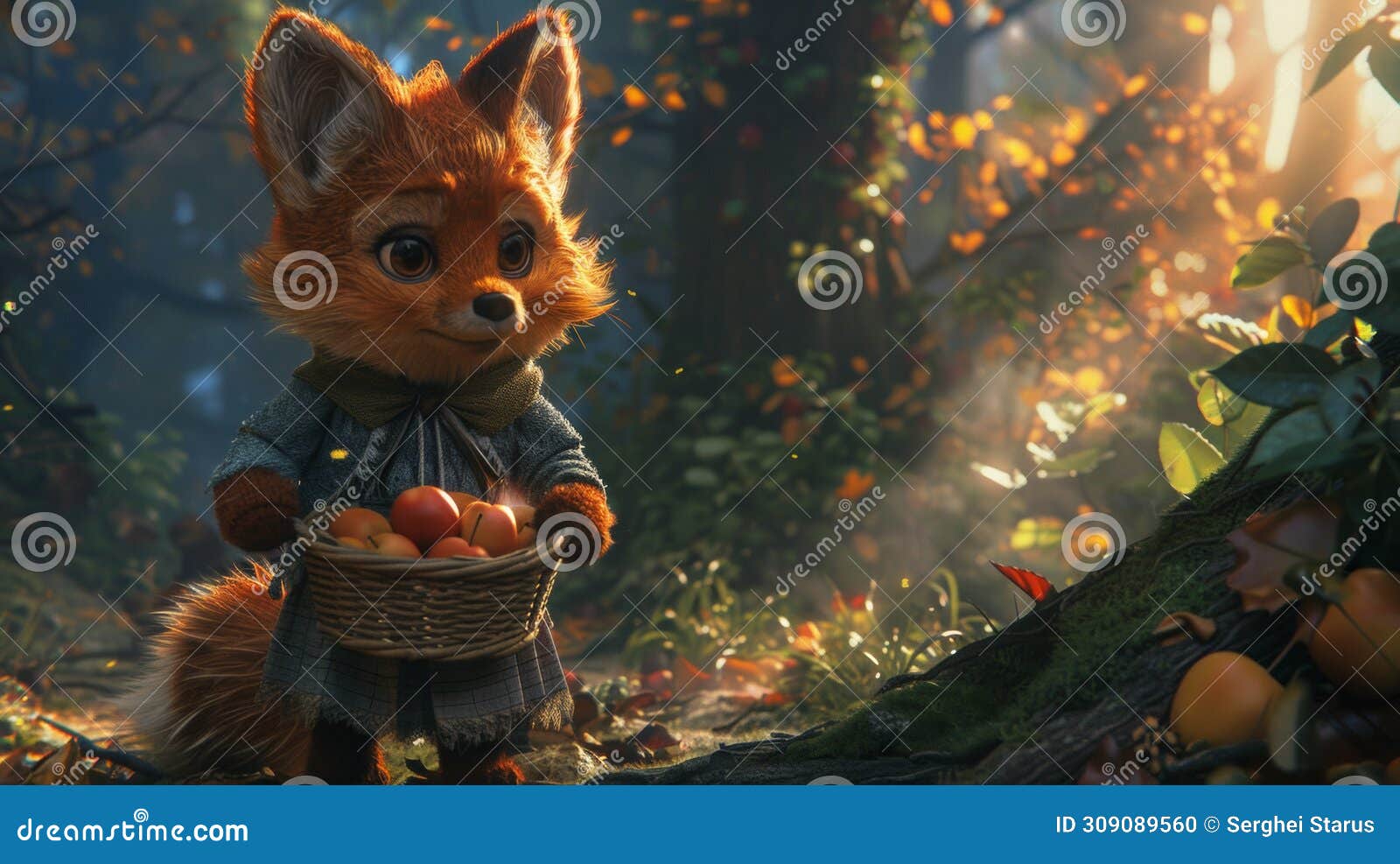 A Cartoon Fox Holding a Basket of Apples in the Woods, AI Stock Photo ...
