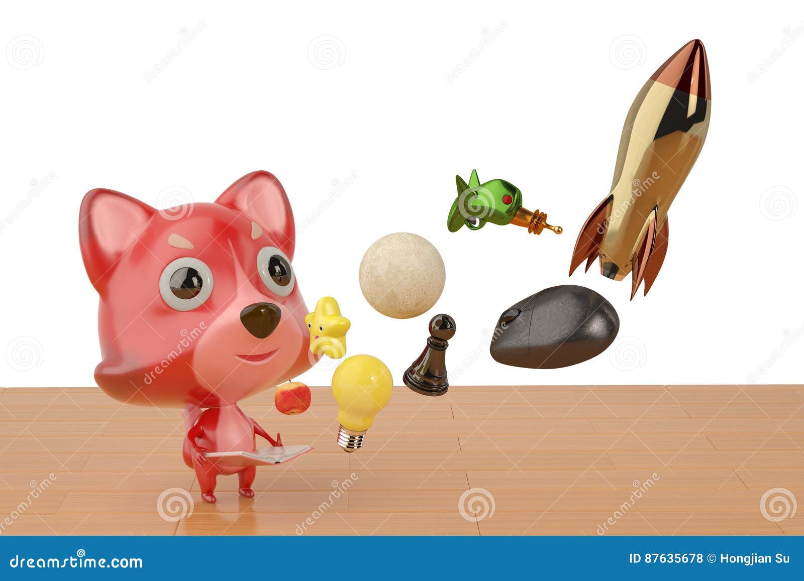 A Cartoon Fox Open Book and Pop Up Many Things,3D Illustration. Stock ...