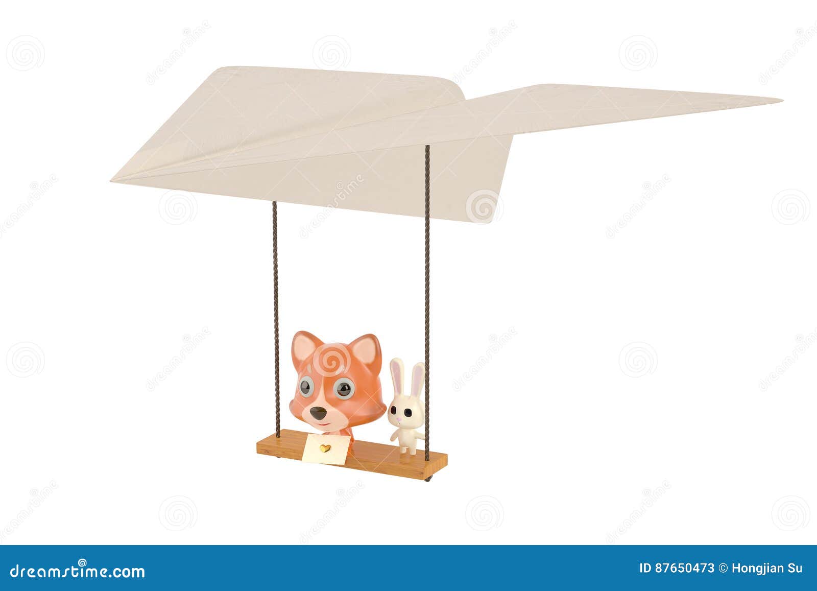 A Cartoon Fox and Rabbit on a Paper Airplane.3D Illustration. Stock ...
