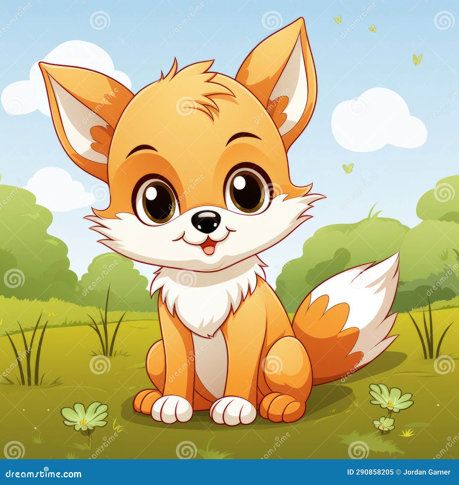Cartoon Fox Sitting in the Grass on a Sunny Day Stock Illustration ...
