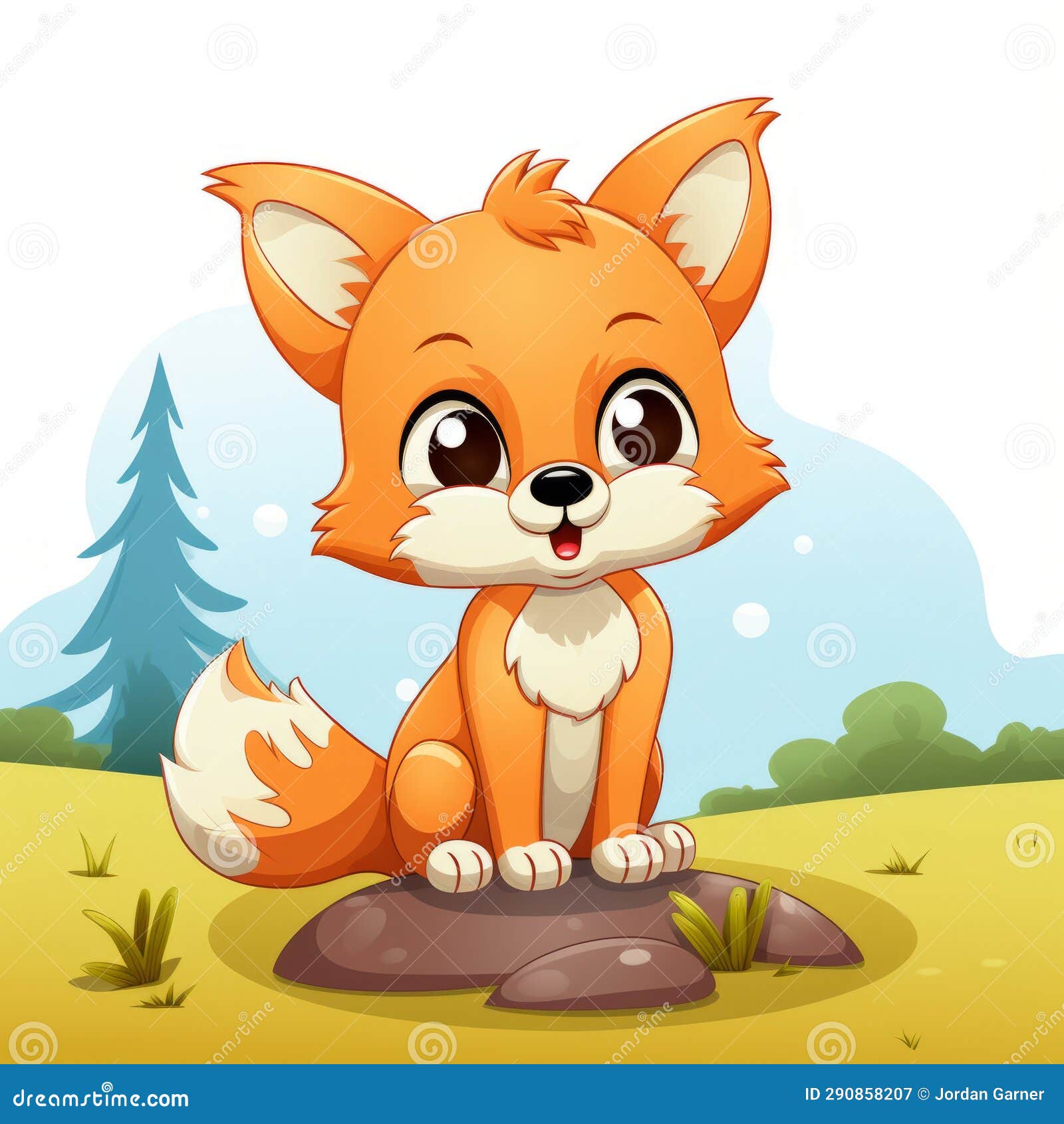 Cartoon Fox Sitting on a Rock in the Forest Stock Illustration ...