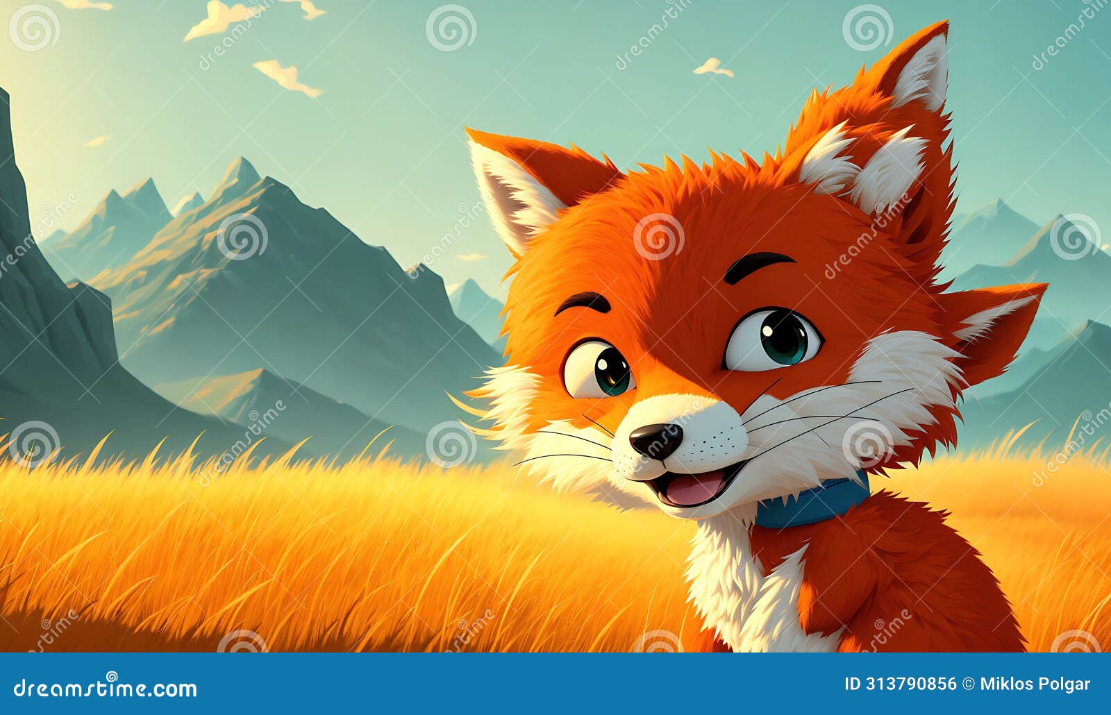 A Cartoon Fox Standing in a Field with Mountains in the Background ...
