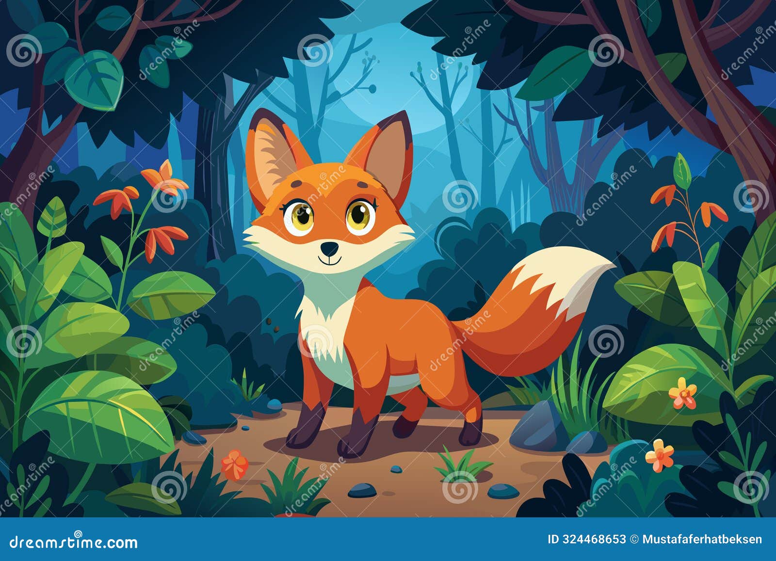 A Cartoon Fox is Standing in a Forest with Flowers and Trees Stock ...