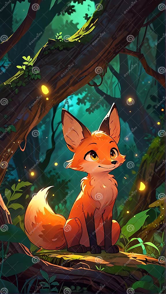 A Cartoon of a Fox with a Tree in the Background Stock Illustration ...