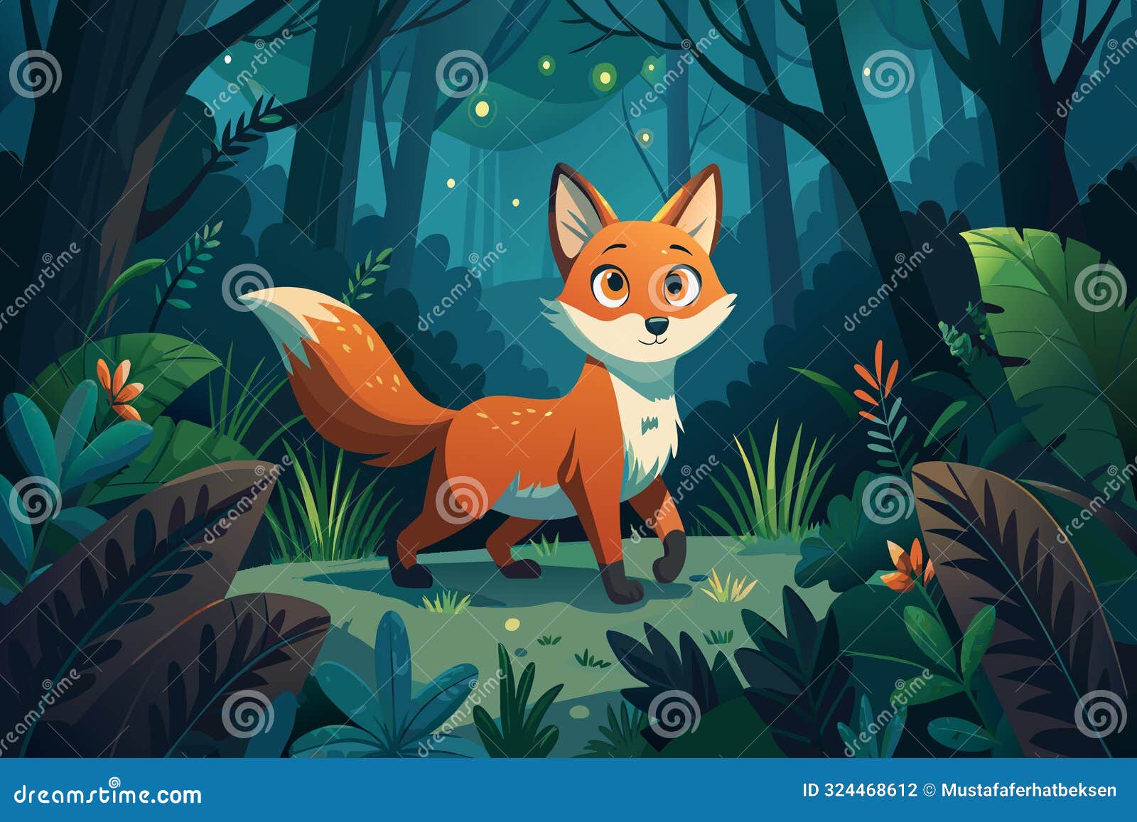 A Cartoon Fox is Walking through a Forest at Night Stock Illustration ...