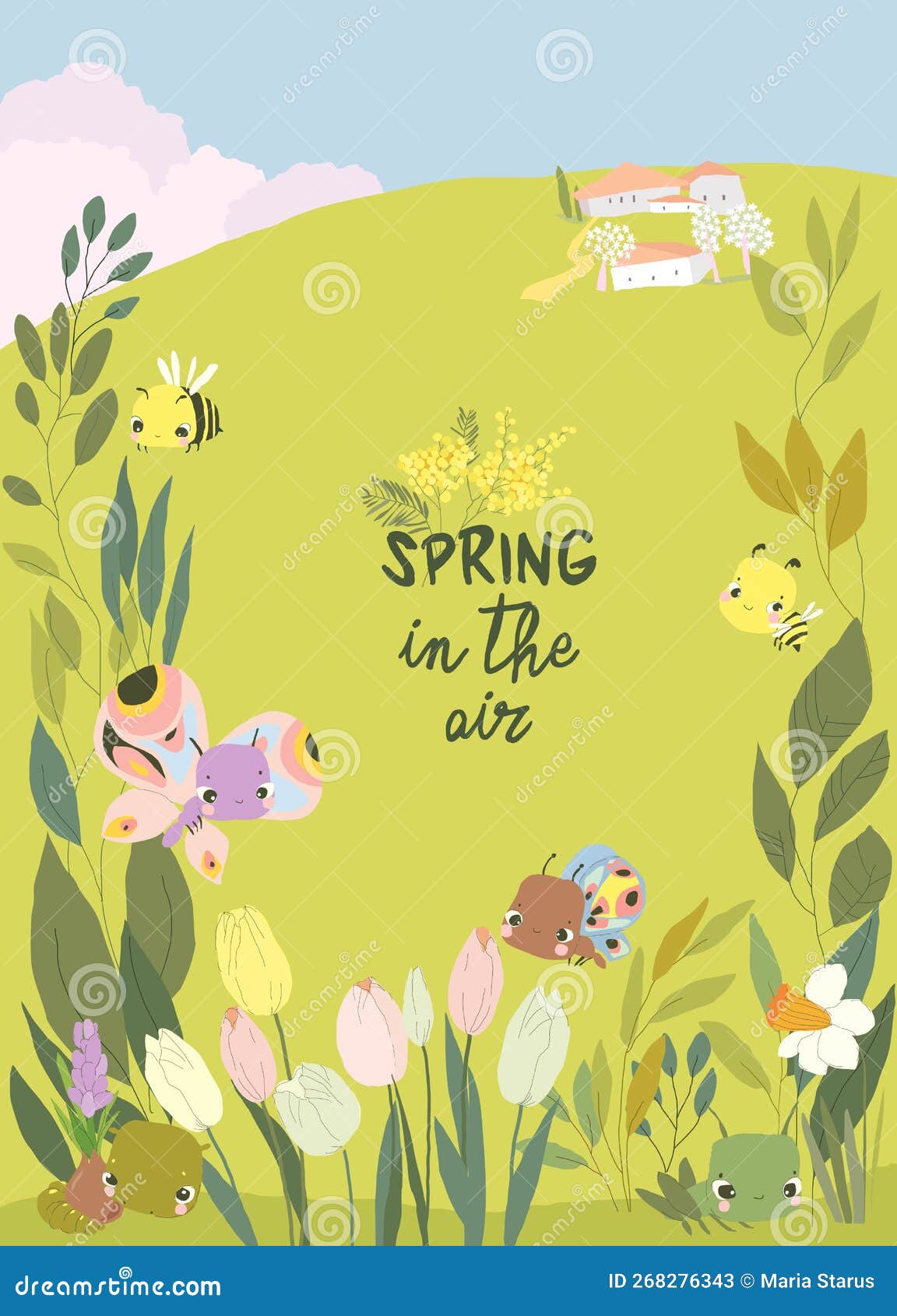 Cartoon Frame with Cute Baby Insects, Spring Flowers and Plants Stock ...
