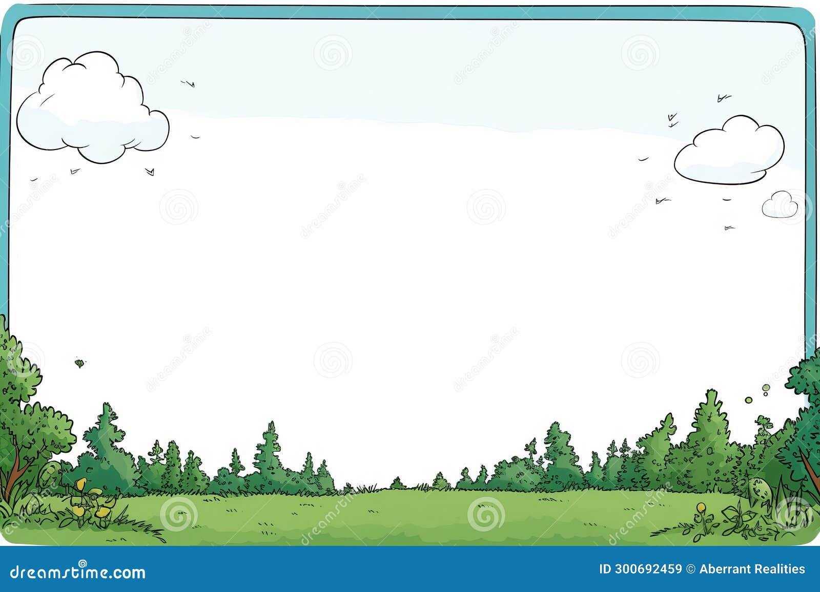 A Cartoon Frame with a Green Field and Trees Stock Illustration ...