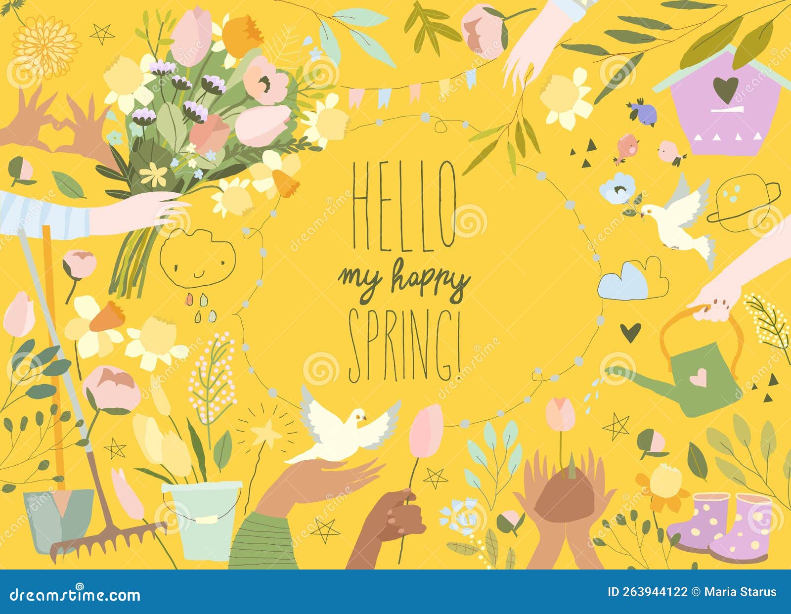 Cartoon Frame with Hands and Bouquets of Spring Flowers Stock Vector ...