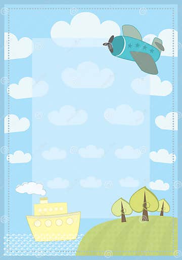 Cartoon Frame with a Ship and a Plain Stock Vector - Illustration of ...