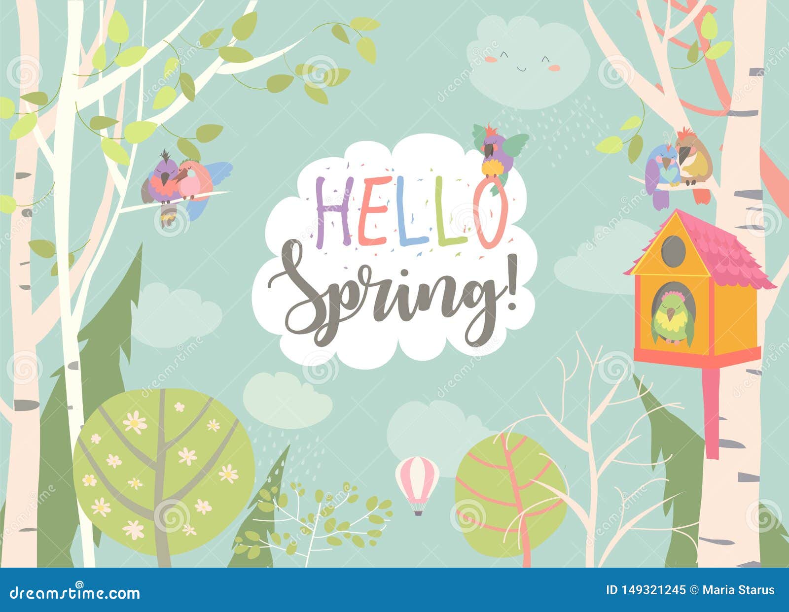 Cartoon Frame with Spring Forest and Birds Stock Vector - Illustration ...