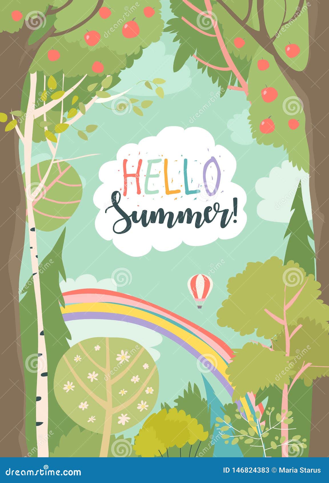 Cartoon Frame with Summer Forest and Rainbow Stock Vector ...