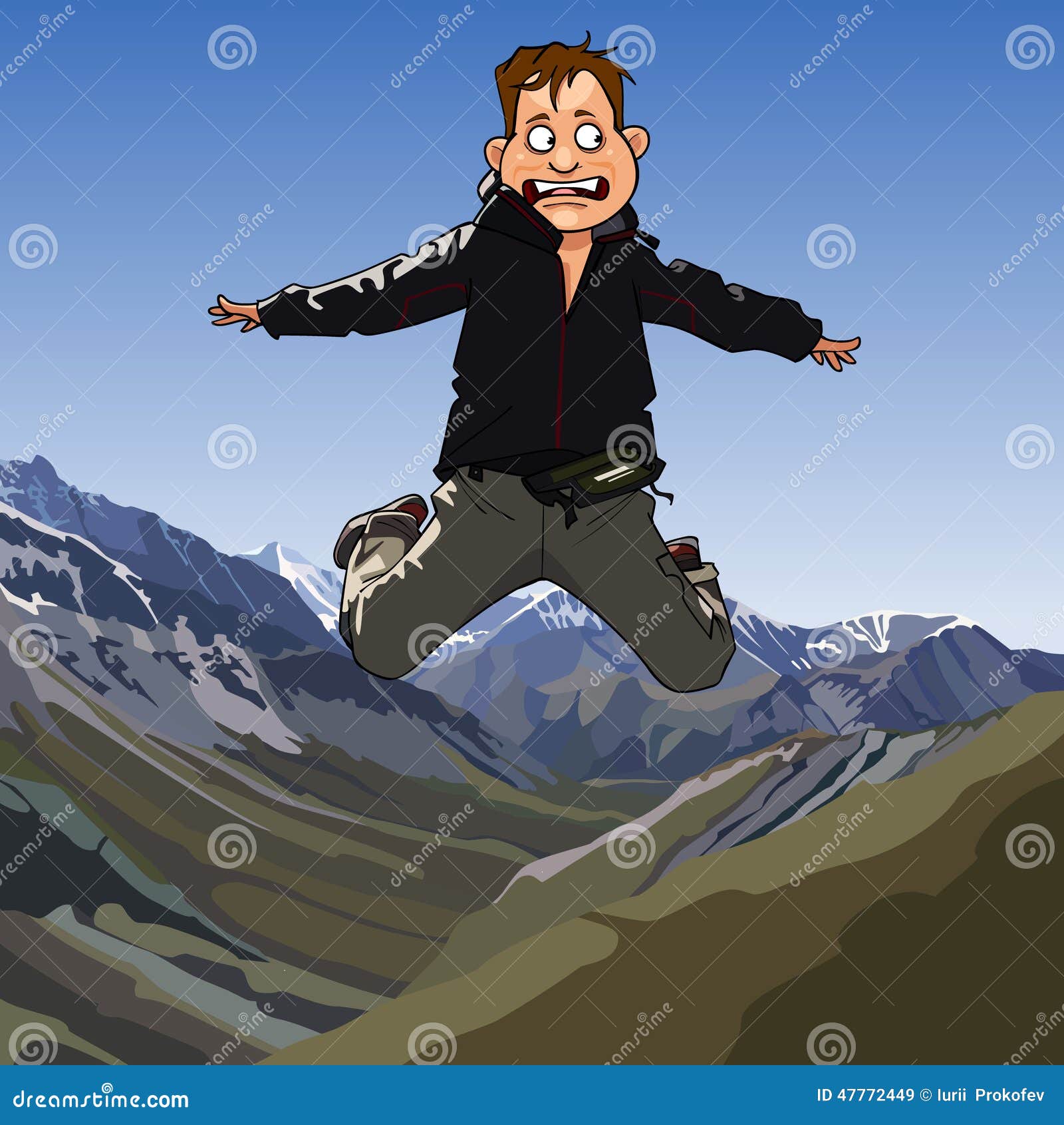 Cartoon Frightened Man Jumping On A Background Of Mountains ...