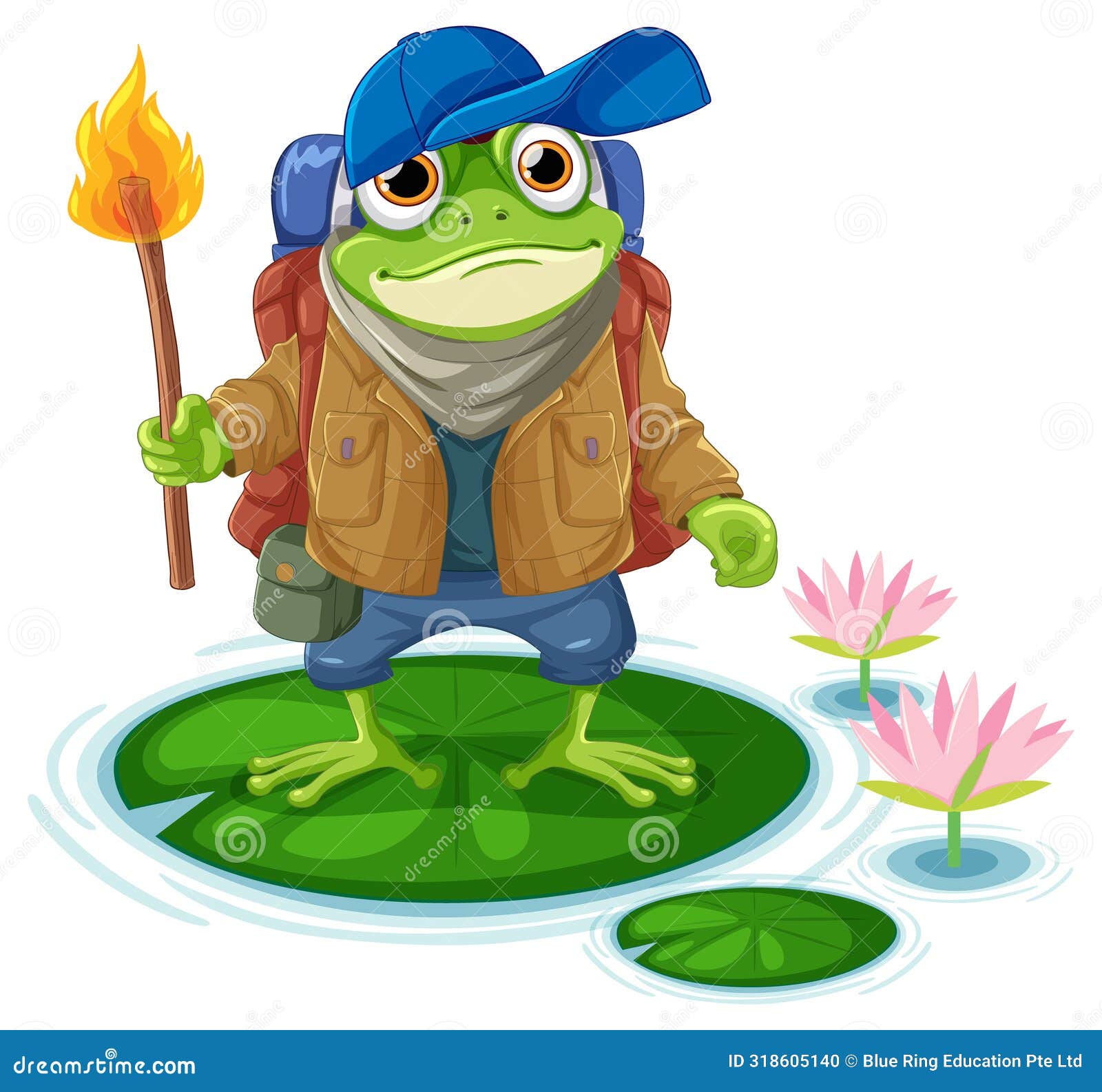 A Frog with Backpack and Torch, Standing on Lily Pad Stock Vector ...