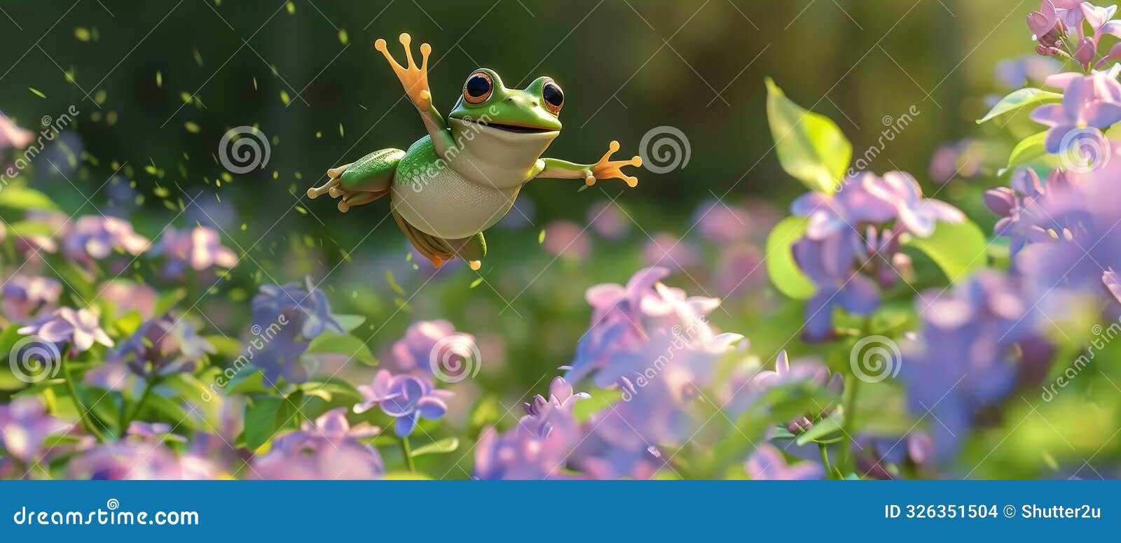 A Cartoon Frog Gleefully Leaping among Soft Lilac Blooms Capturing the ...