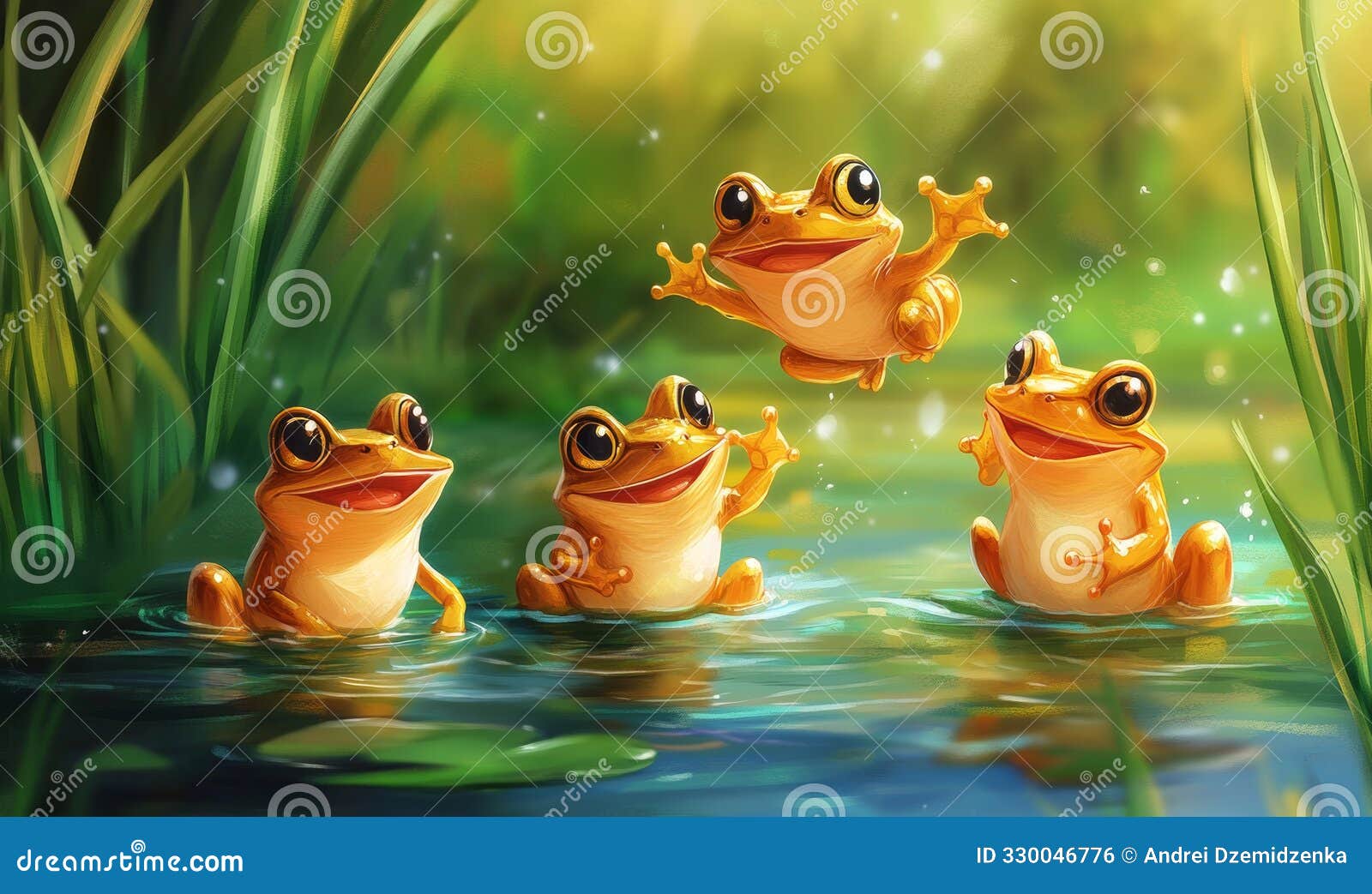 Cartoon of Frogs and Turtles Playing in the River Stock Photo - Image ...