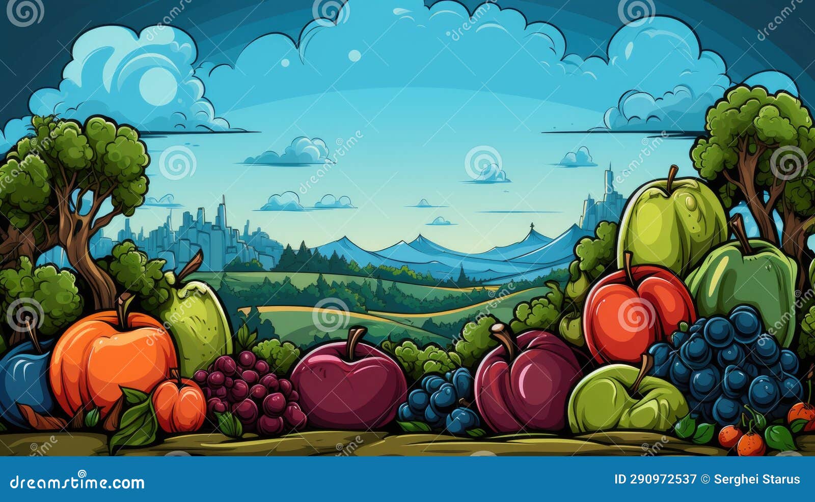 Cartoon Fruit Background with Mountains and Trees, AI Stock Image ...