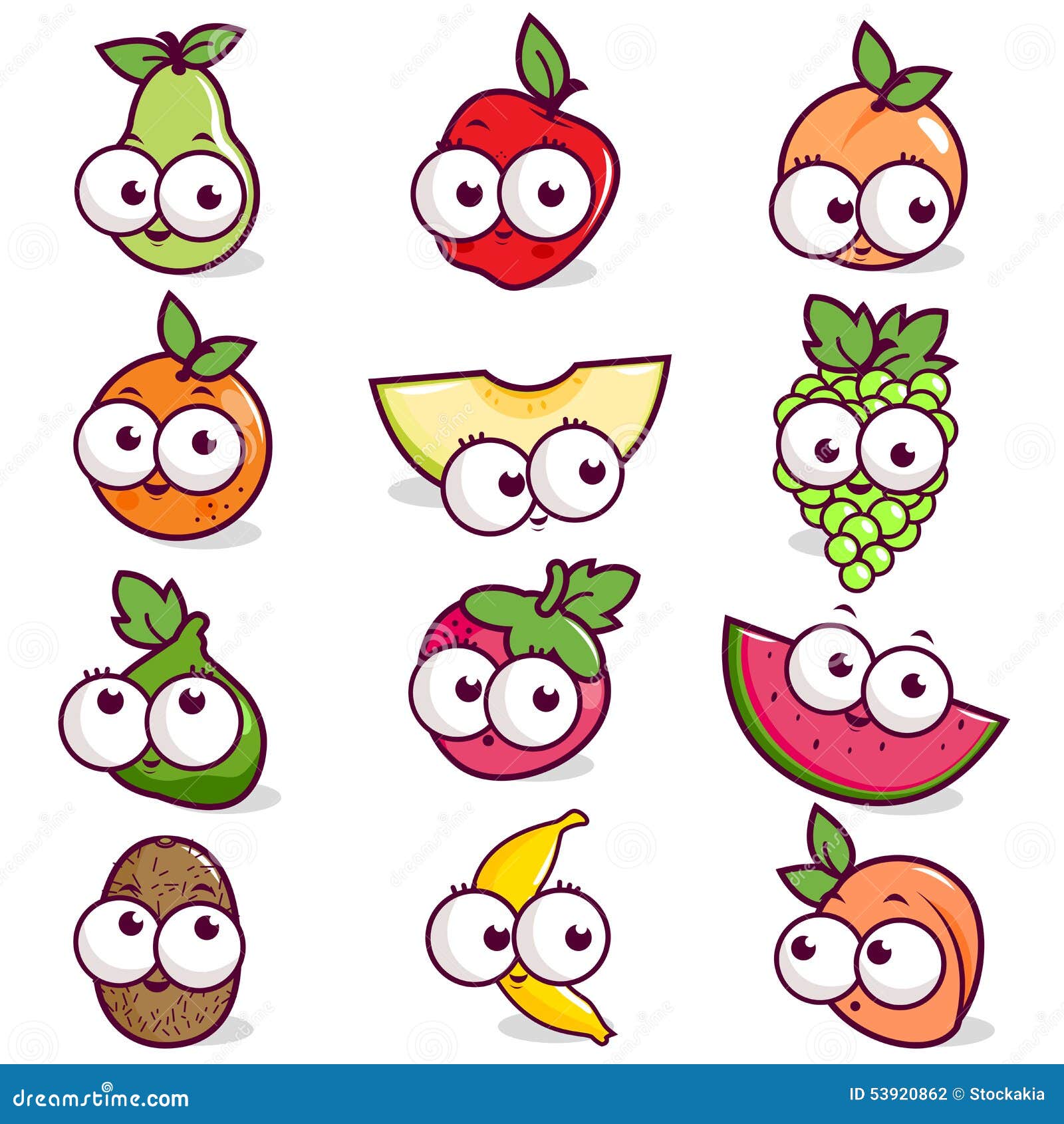 Cartoon Fruit Characters. Cute Funny Fruit Stickers Collection. Vector ...