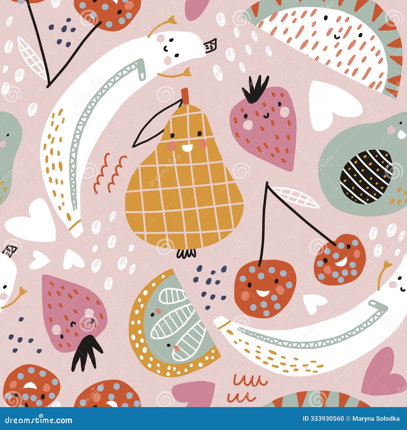 Cartoon Fruits Seamless Pattern. Kids Design Fruits Characters. Cute ...