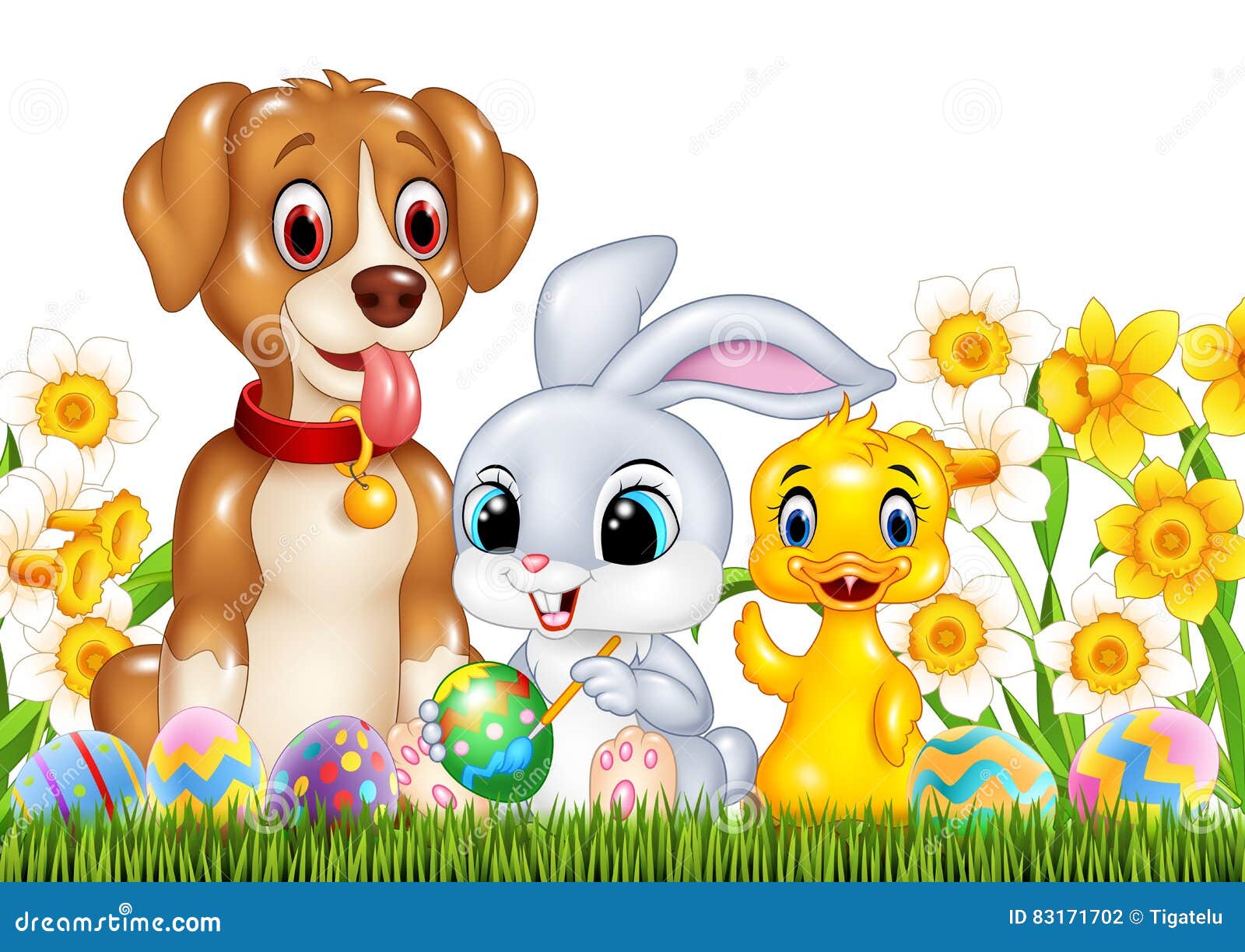 Cartoon Funny Animals and Easter Eggs on Green Grass Stock Vector ...