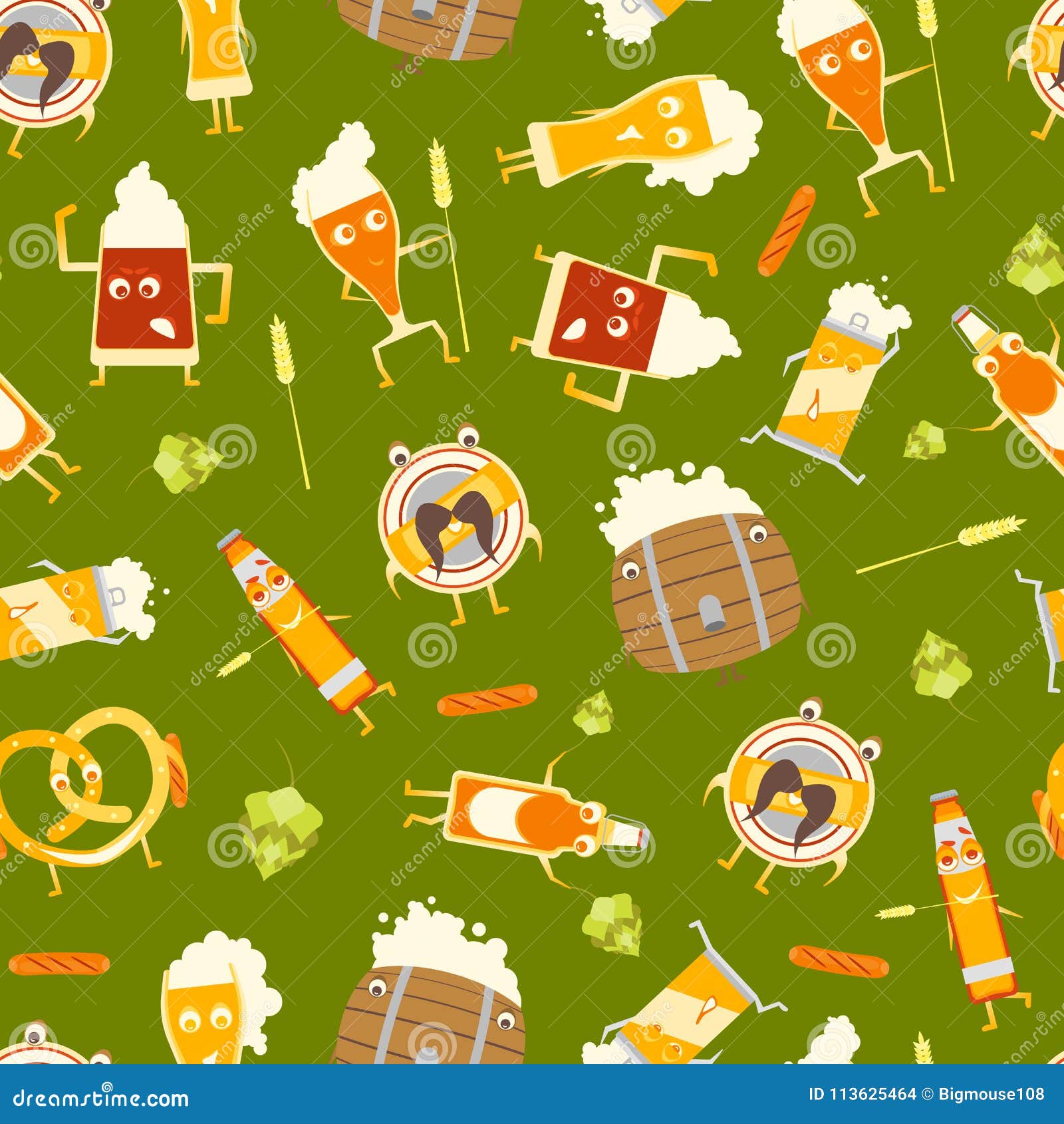 Cartoon Funny Beer Characters Seamless Pattern Background. Vector Stock ...