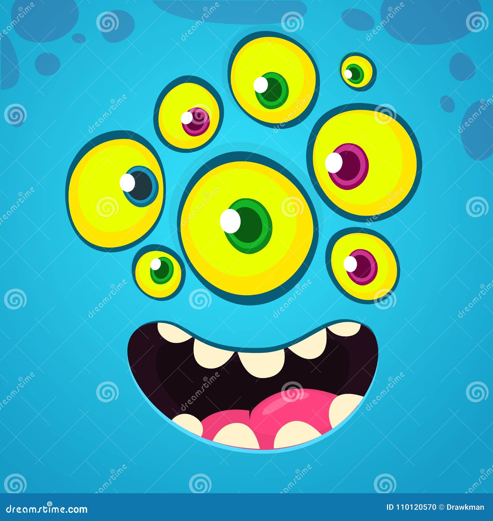 Cartoon Funny and Cool Face with Many Eyes. Vector Halloween Blue ... Cartoon Funny and Cool Face with Many Eyes. Vector Halloween Blue ...