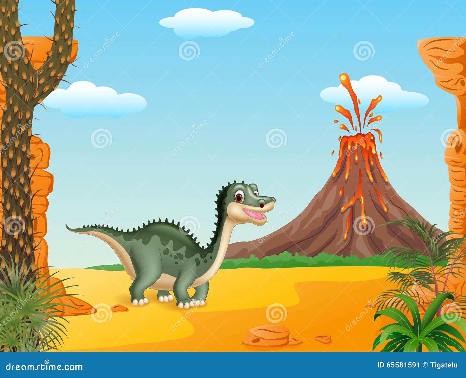 Dinosaur And Volcano Eruption Illustration Cartoon Vector ...