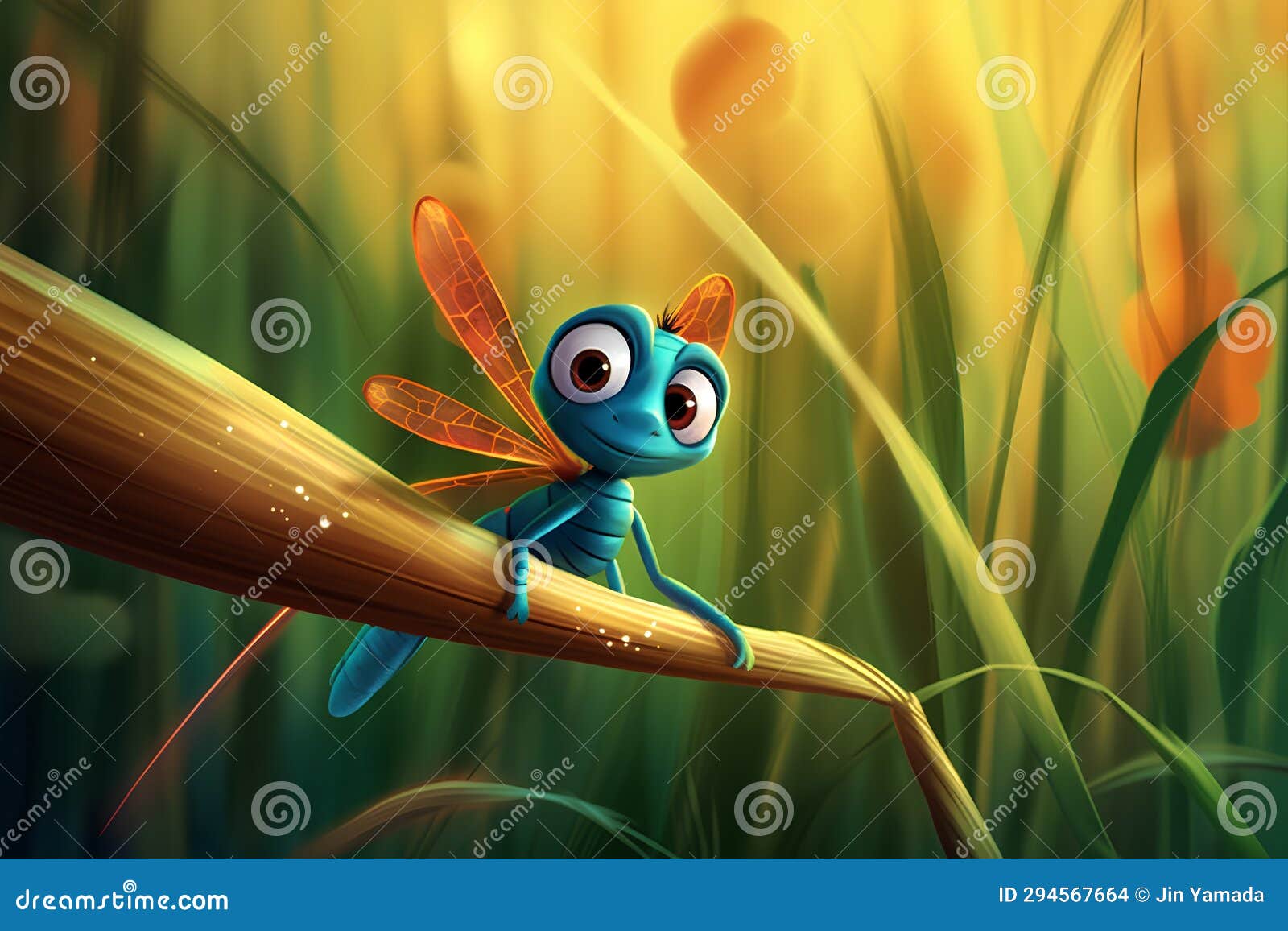 Cartoon Funny Dragonfly Sitting on a Stick in the Meadow Stock ...