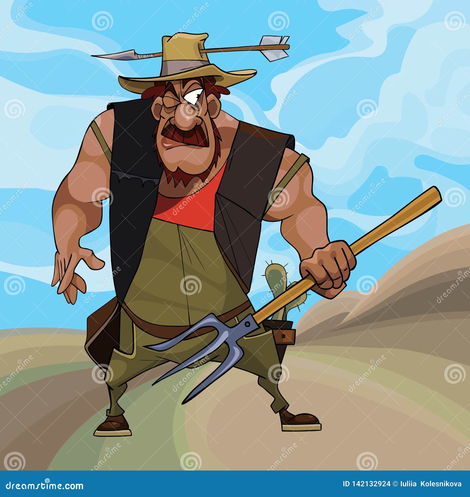Cartoon Funny Farmer Defends Himself with a Pitchfork in His Hand Stock ...