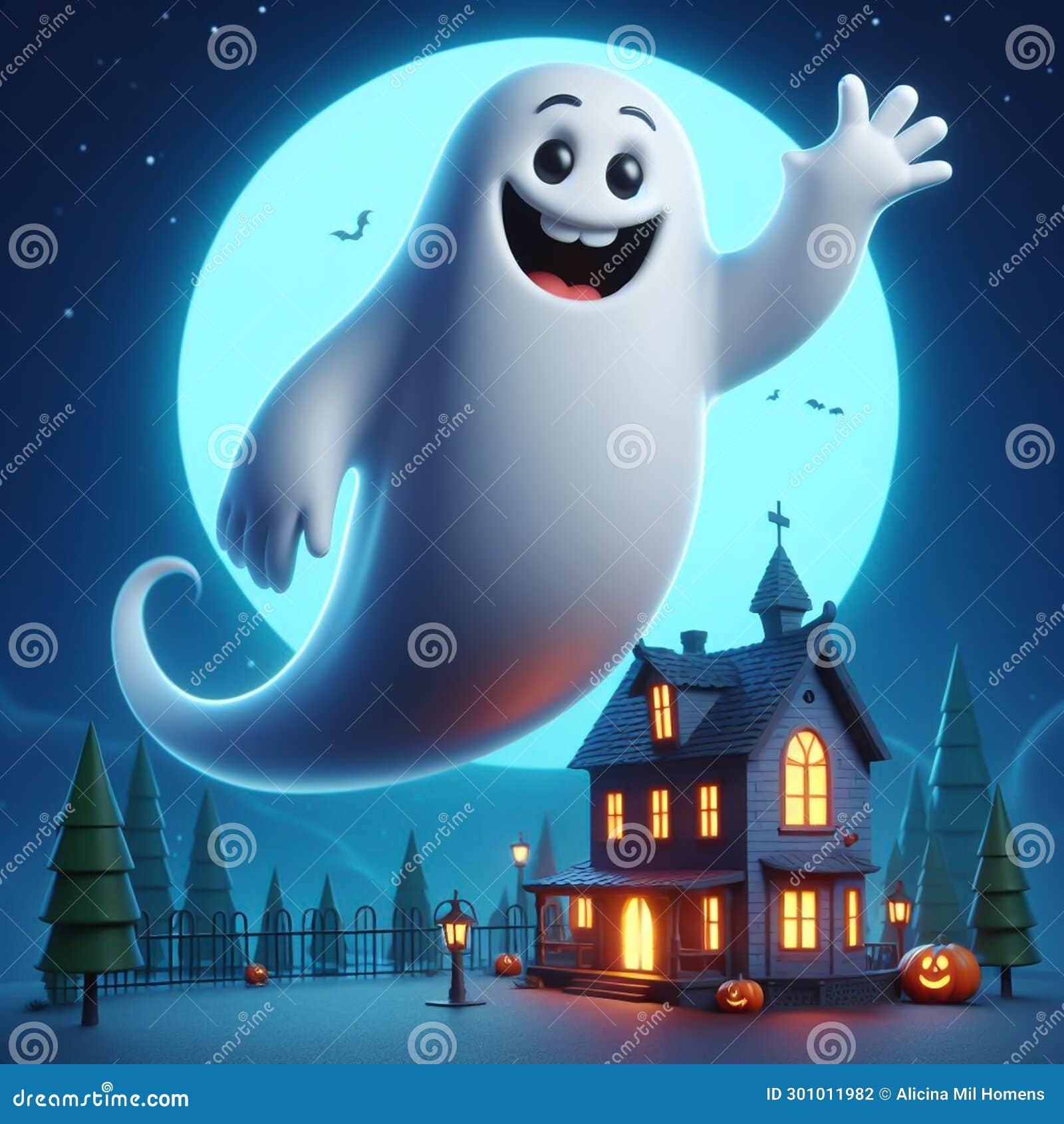 Cartoon of Funny and Friendly Little Ghost, Hovering in the Air. AI ...