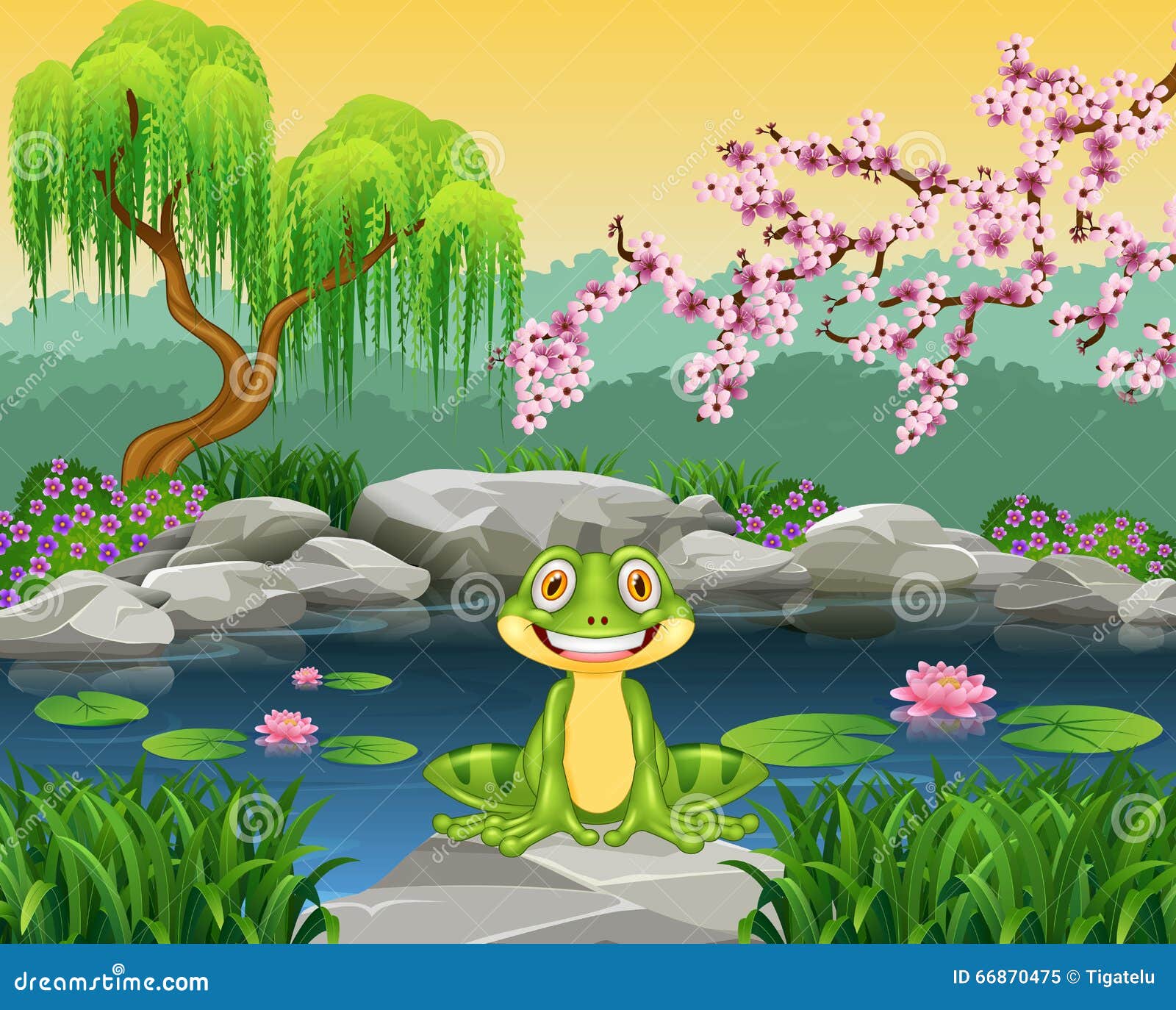 Cartoon Funny Frog Sitting on the Rock Stock Vector - Illustration of ...