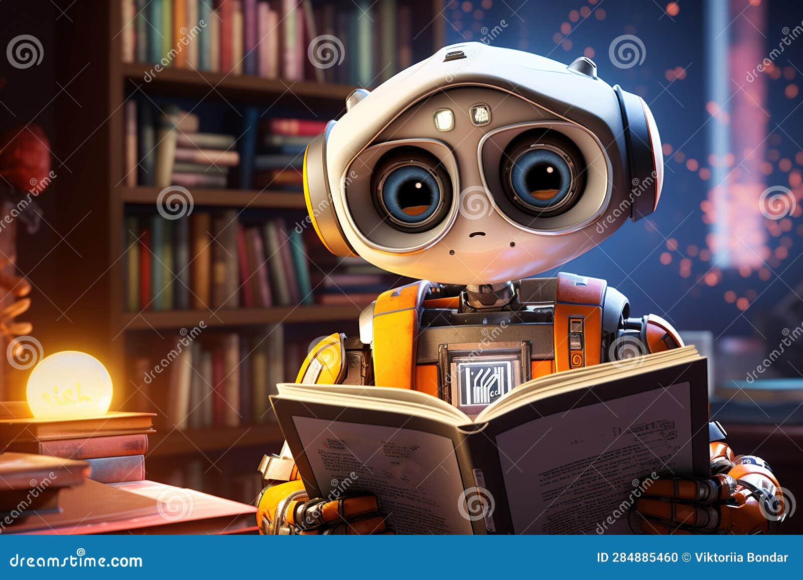 Cartoon Funny Humanoid Android Robot Reading a Book in Interior Stock ...