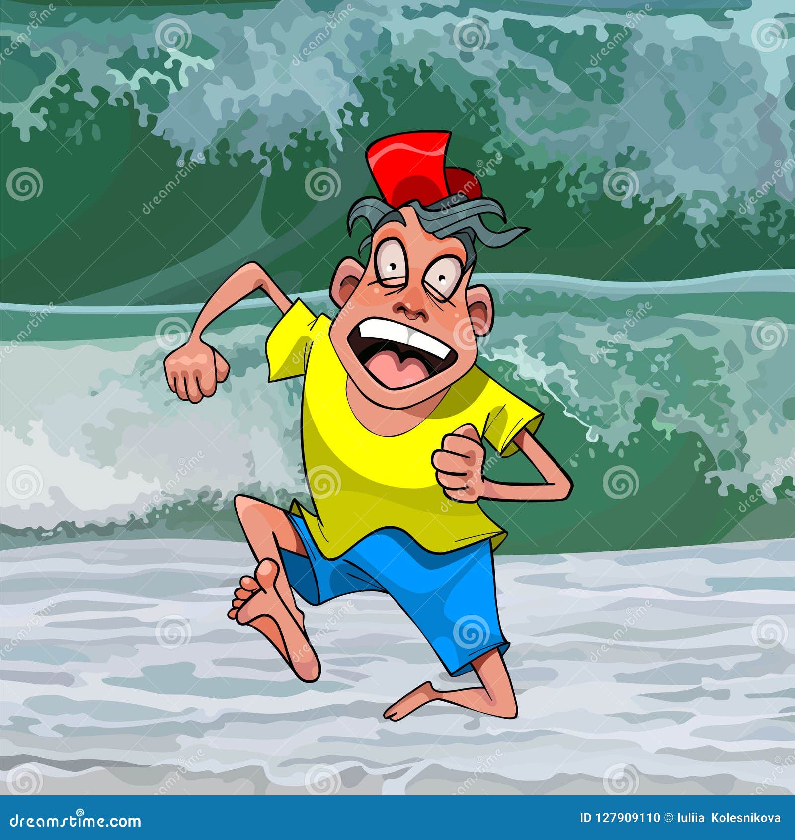 Cartoon Funny Man Runs Away from a Big Wave Stock Vector - Illustration ...