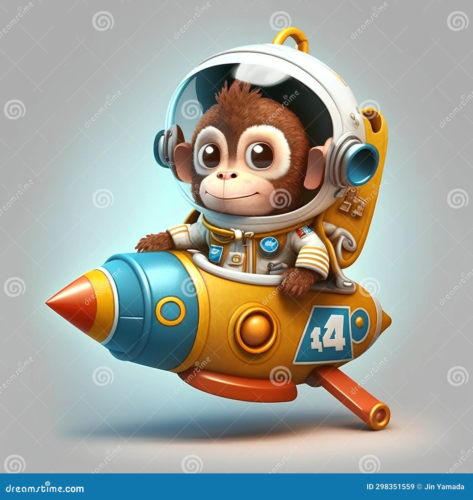 Cartoon Funny Monkey in a Space Suit with a Rocket on a Gray Background ...
