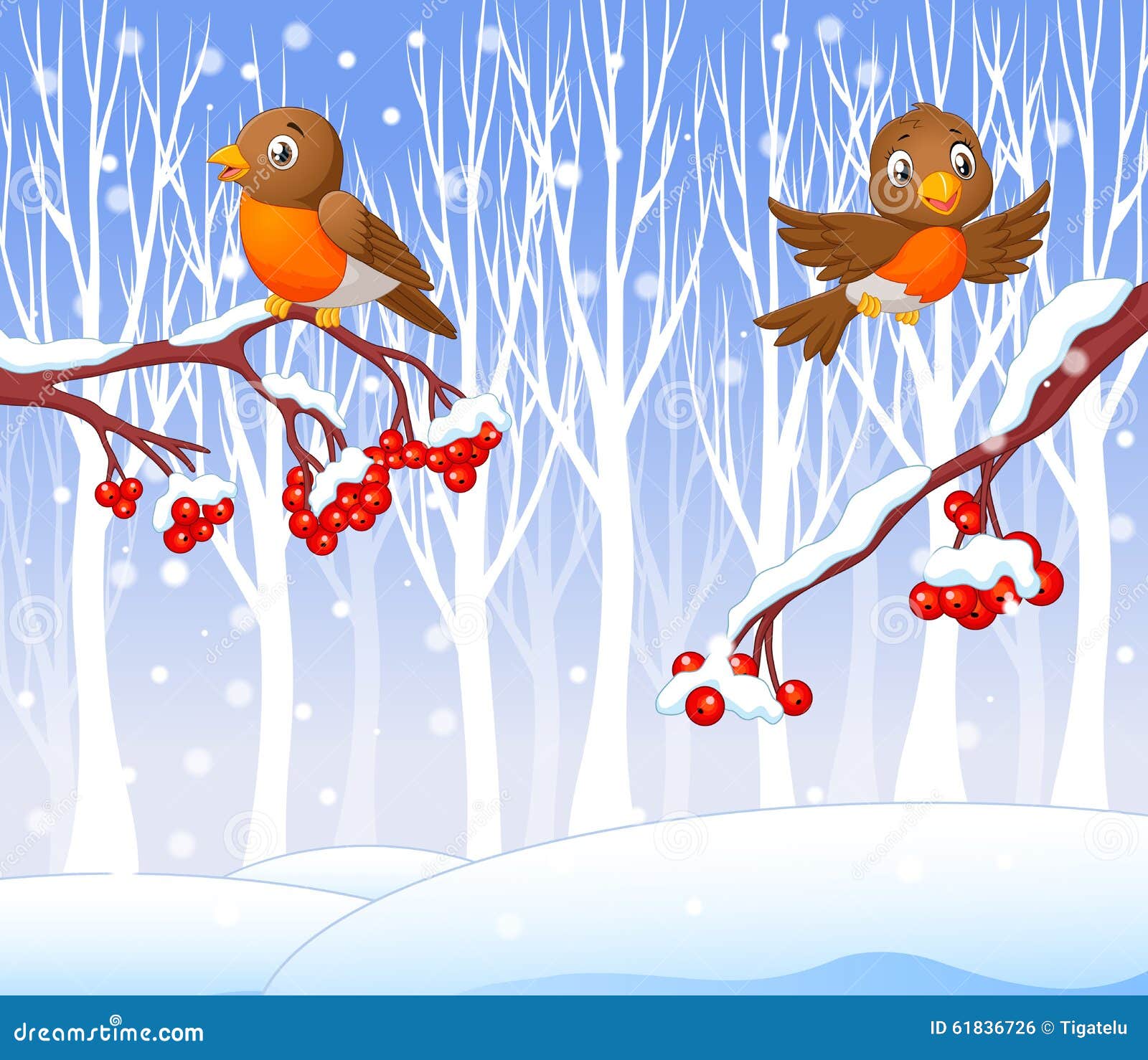 Cartoon Funny Robin Bird on the Berry Tree with Winter Background Stock ...