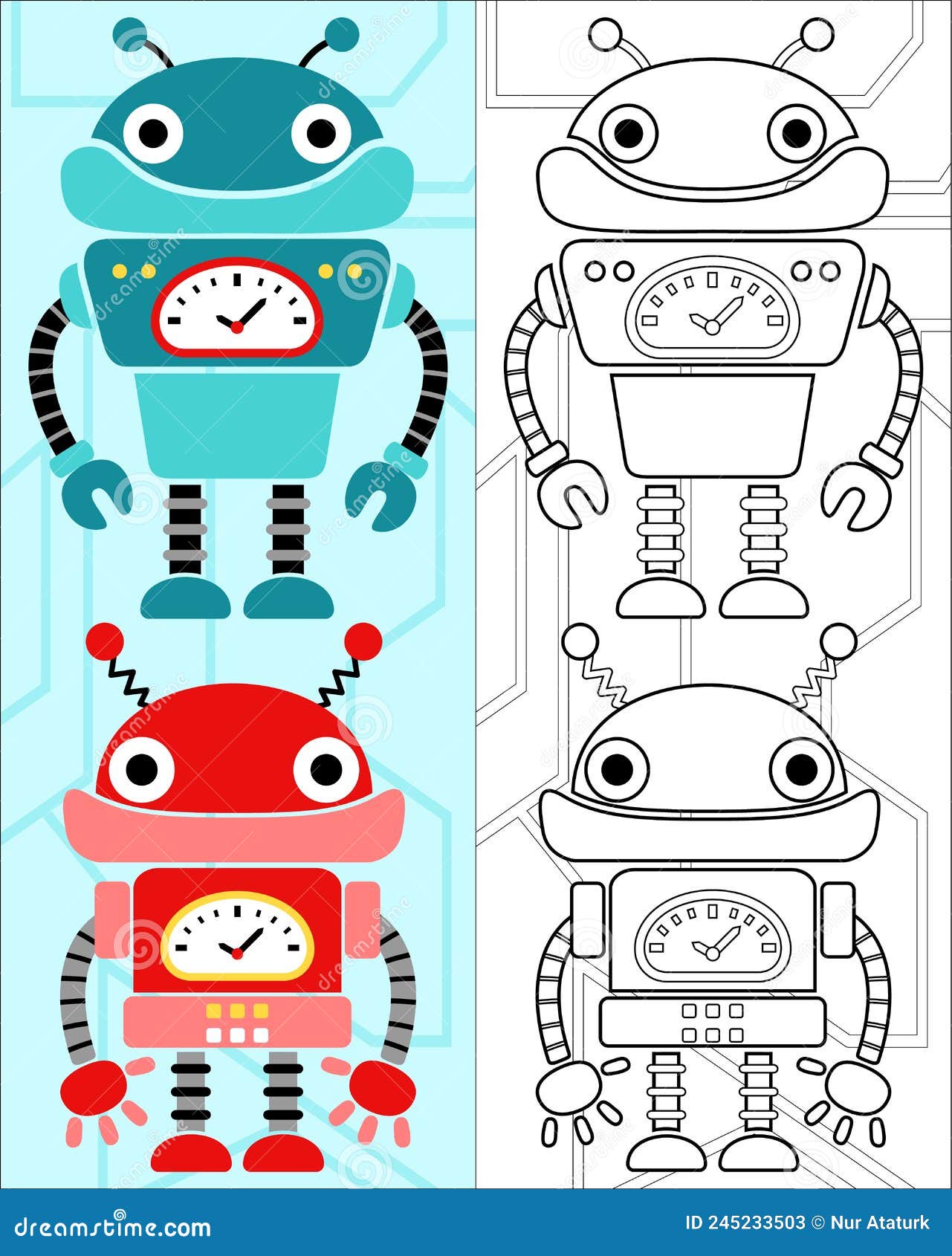 Cartoon of Funny Robots Standing Front View Stock Vector - Illustration ...