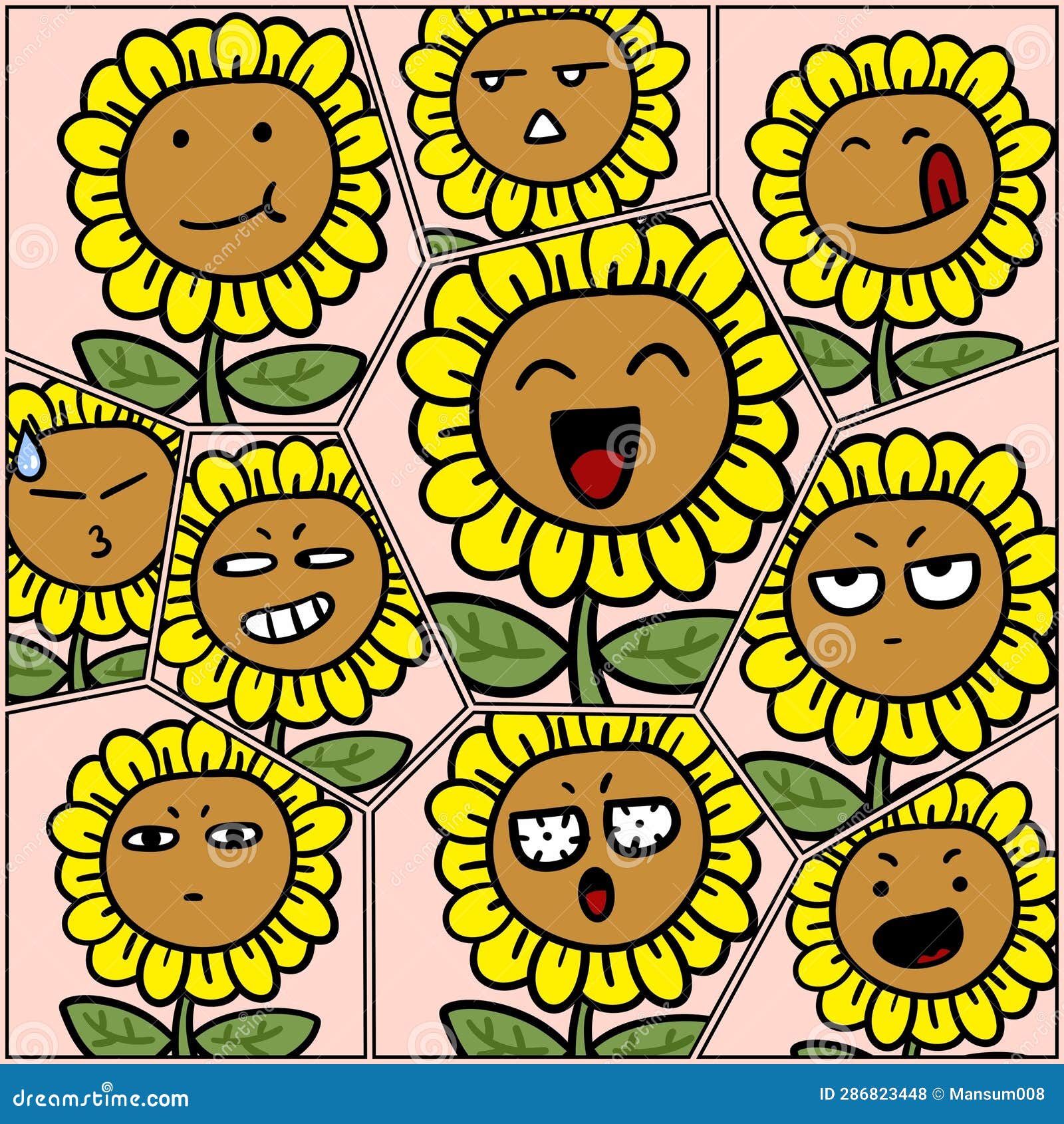 Cartoon Funny Sunflower Faces Set Stock Illustration - Illustration of ...