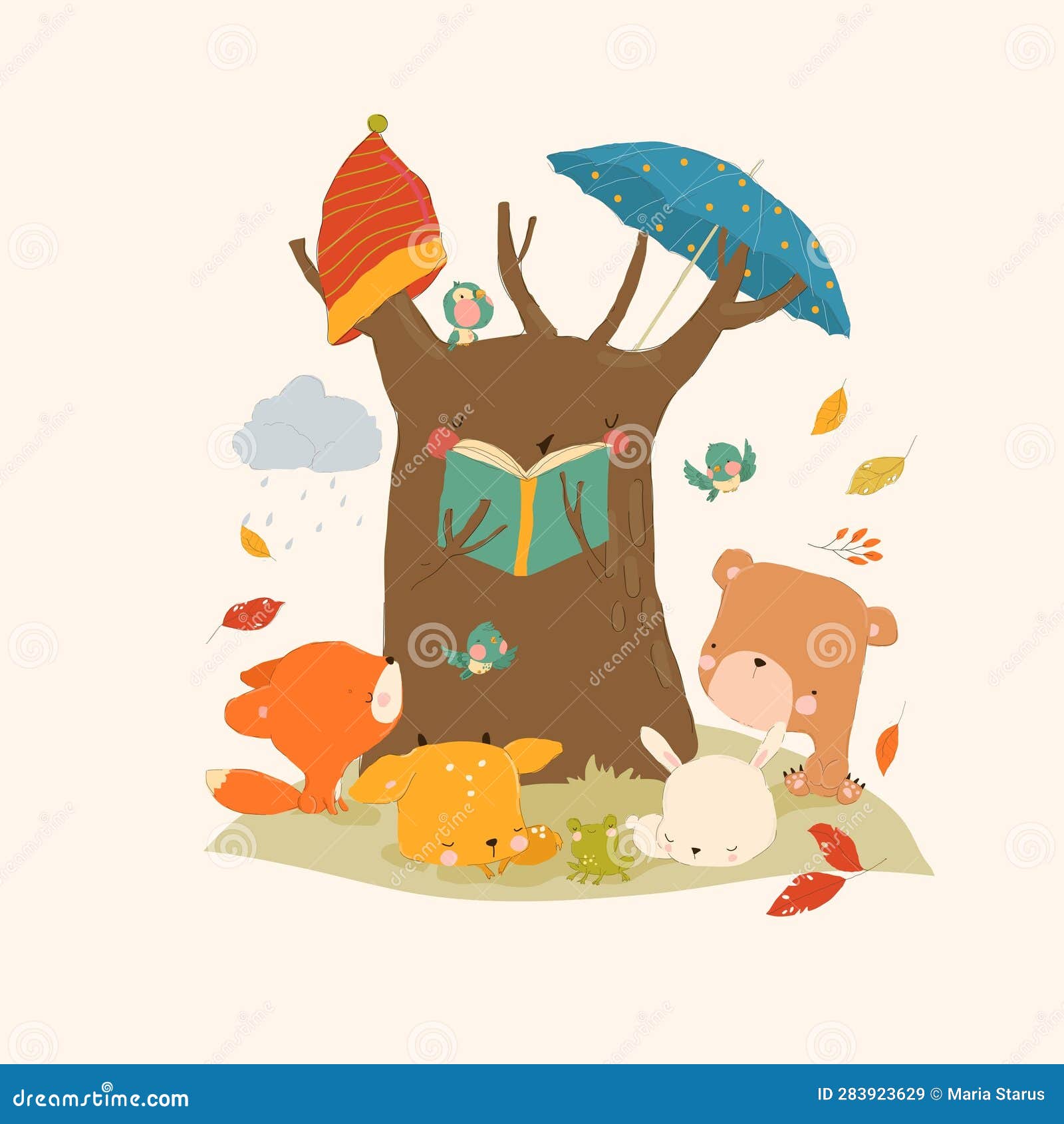 Cartoon Funny Tree Reading Book for Cute Animals Stock Vector ...