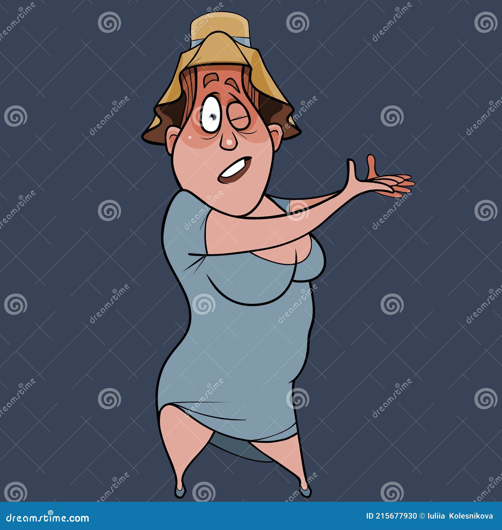 Cartoon Funny Woman in a Hat in Despair Points with Her Hands in Front ...
