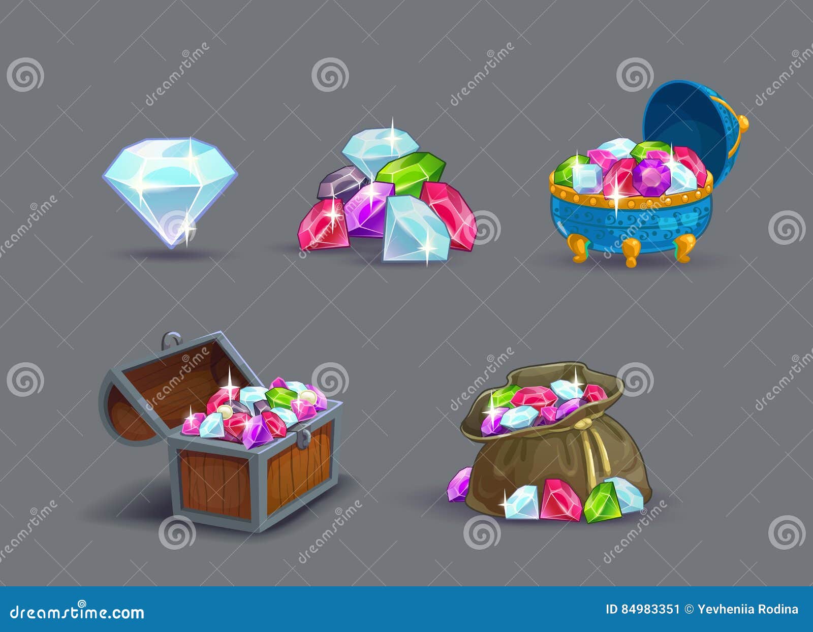 Set Of Cartoon Gems In Chest And Bag. Vector Illustration ...