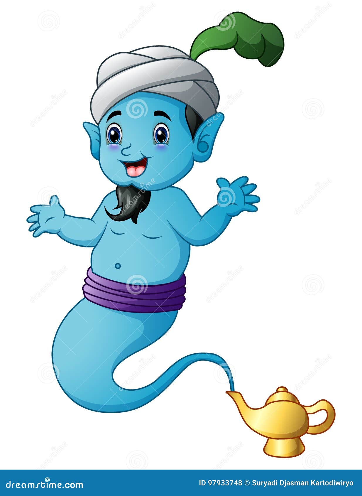 Cartoon Genie Coming Out Of A Gold Magic Lamp Stock Vector