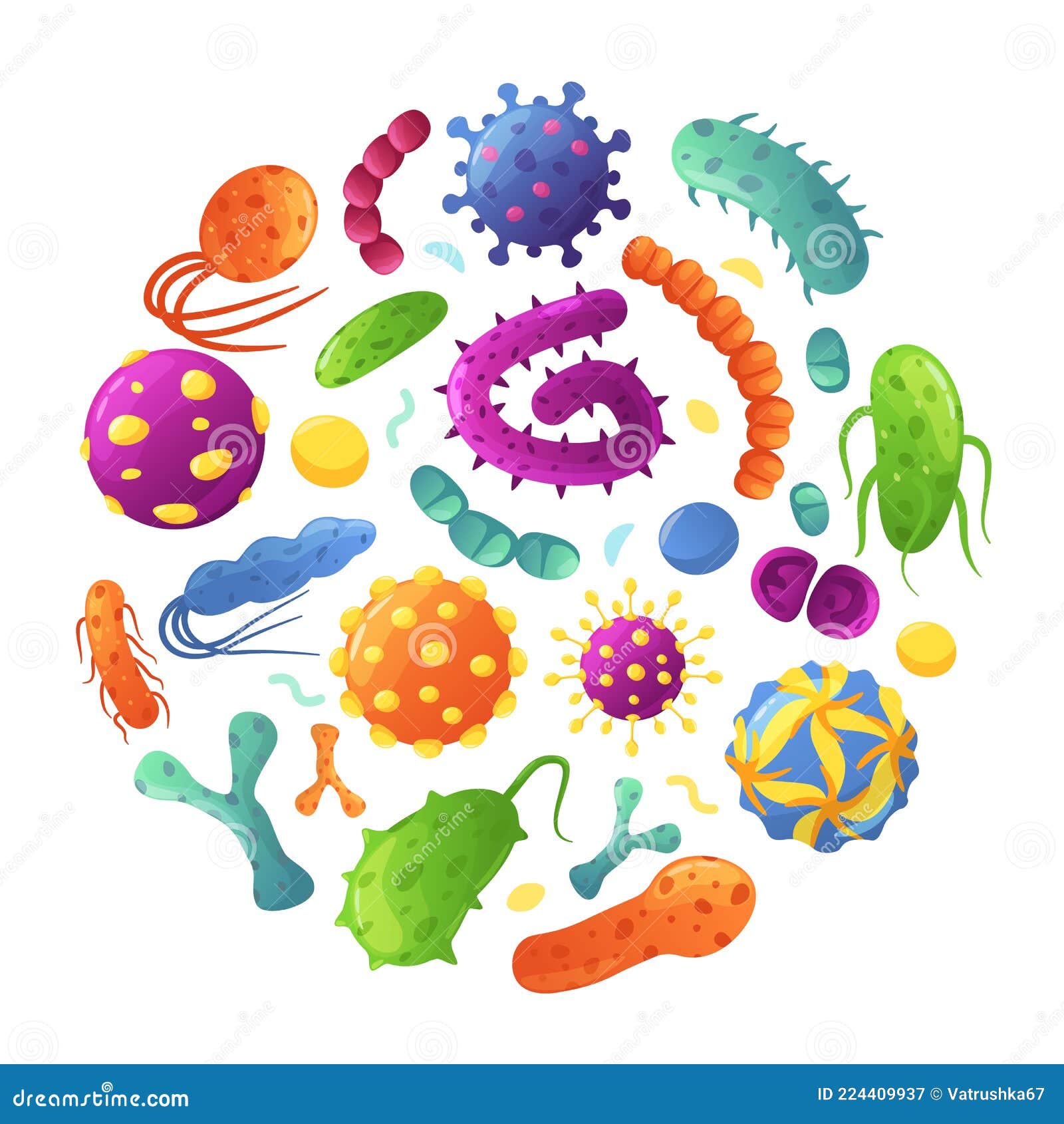 Cartoon Germs in Circle. Bacteria, Cancer Cells, Viruses, Germs ...