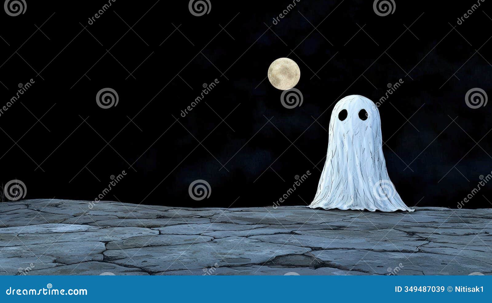 A Cartoon Ghost Figure Under a Full Moon on a Desolate Landscape Stock ...