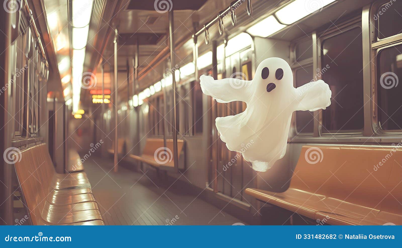 Cartoon Ghost Floating in an Empty Subway Car, Creating a Whimsical and ...