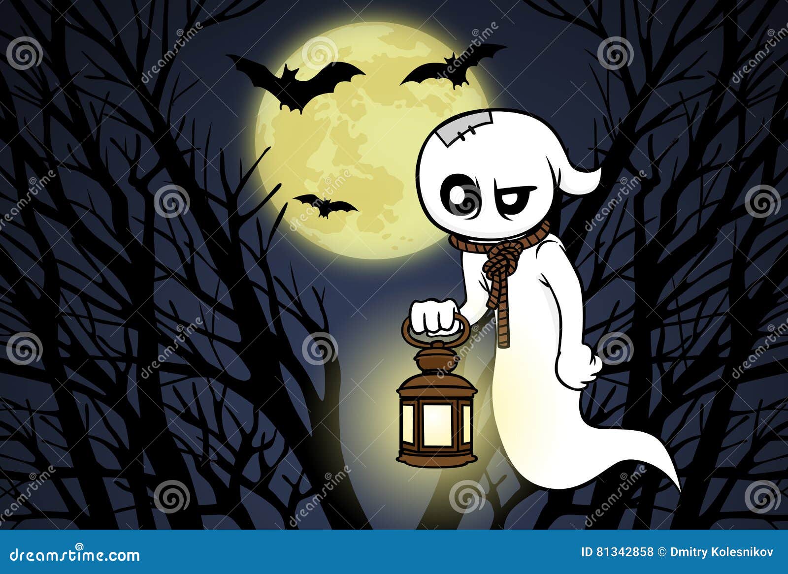 Cartoon Ghost, Forest, Full Moon and Bats Stock Illustration ...
