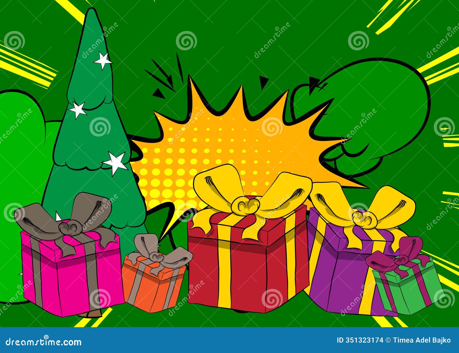 Cartoon Gift Box and Christmas Decorated Pine Tree with Blank Speech ...