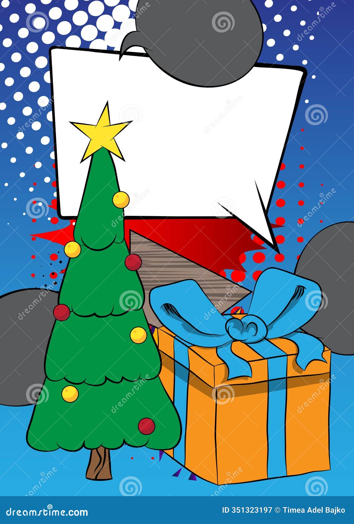 Cartoon Gift Box and Christmas Decorated Pine Tree with Blank Speech ...
