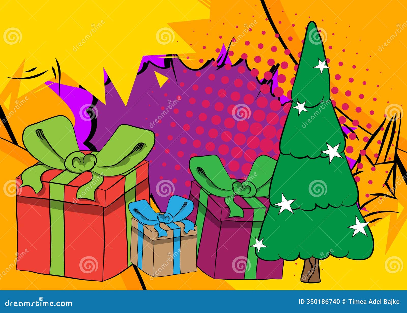 Cartoon Gift Box and Christmas Decorated Pine Tree, Comic Book ...