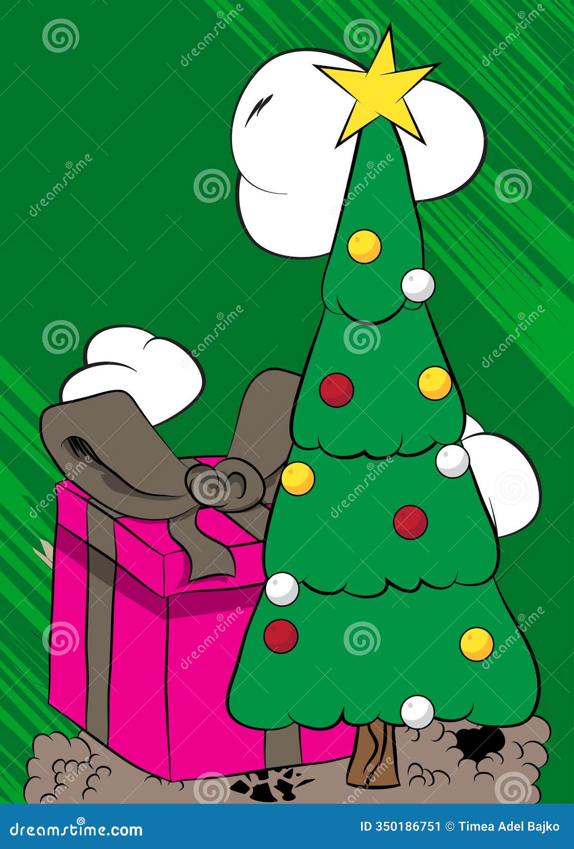 Cartoon Gift Box and Christmas Decorated Pine Tree, Comic Book ...